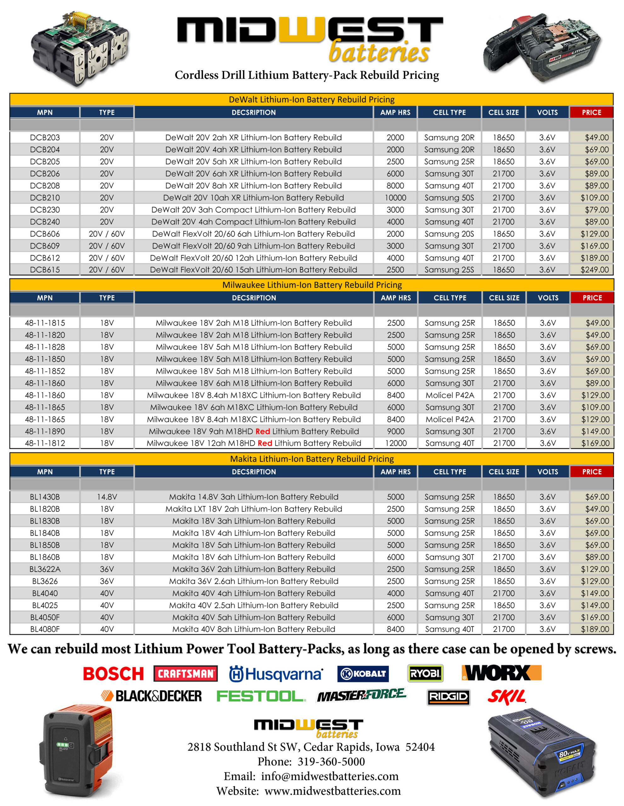Cordless Drill Battery Inserts & Rebuilds - Midwest Battery, LLC